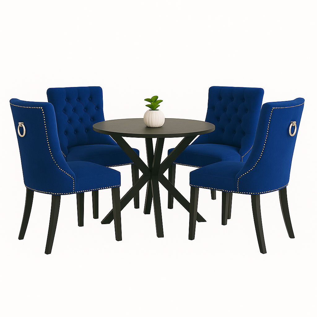 Neo Set Of Four Midnight Blue Studded Velvet Dining Chairs with Ring K ...