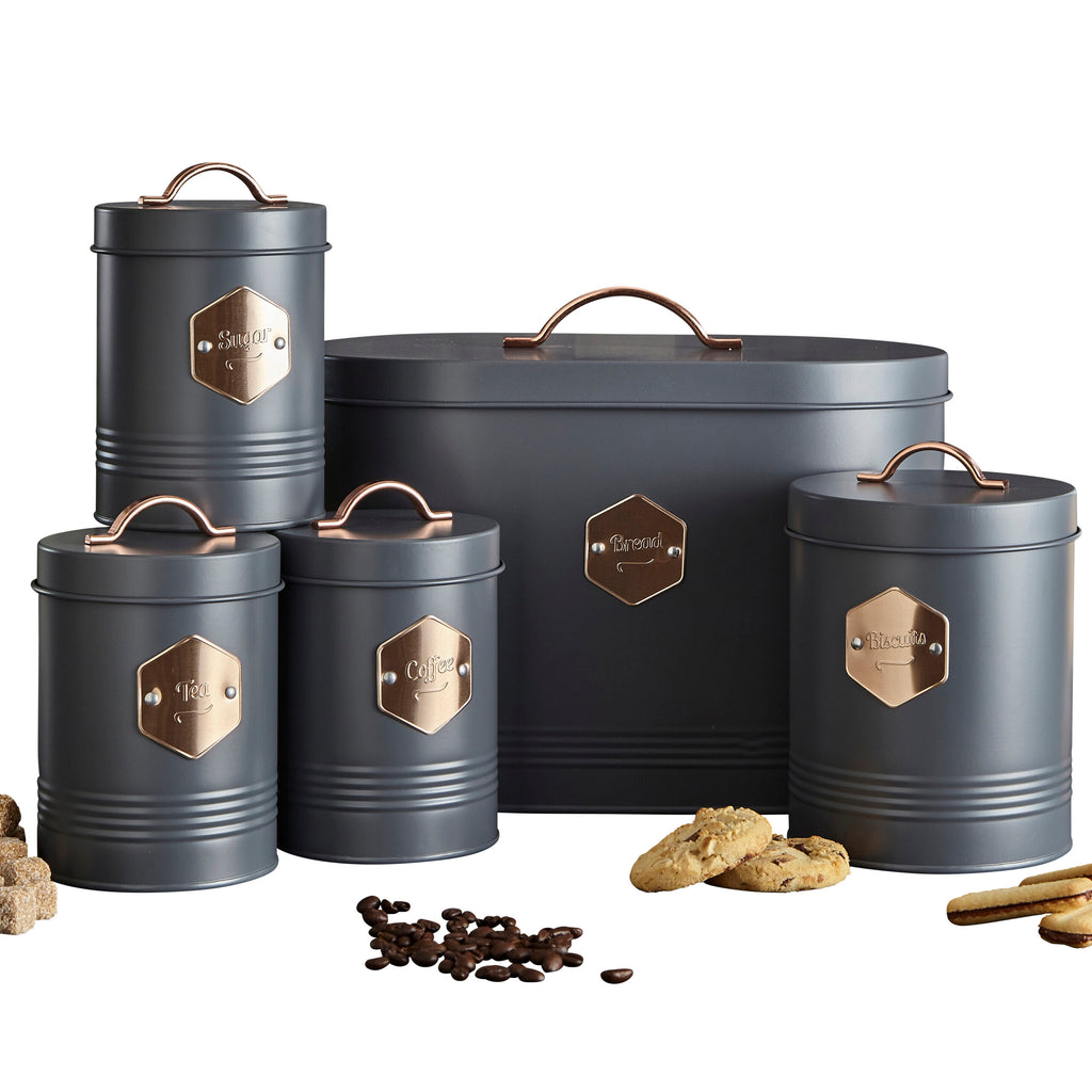 Neo Retro Inspired Sleek Matt & Copper 5 Piece Kitchen Canister Set Gr ...