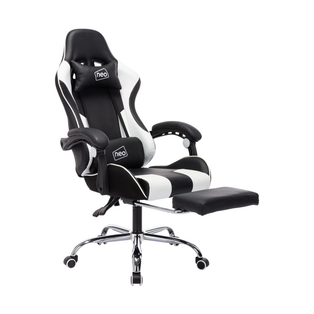 Neo White/Black Leather Gaming Chair with Massage Function & Footrest ...